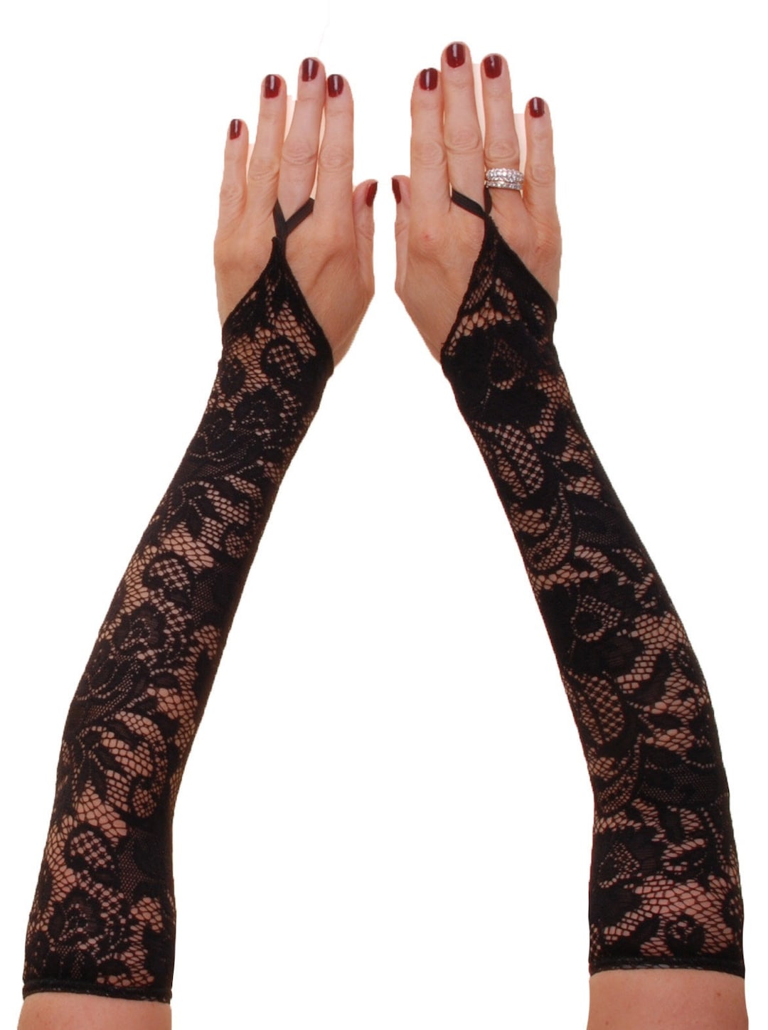 Wedding Fashion Dress Gloves Arm Sleeves Fingerless Gloves Black Lace ...