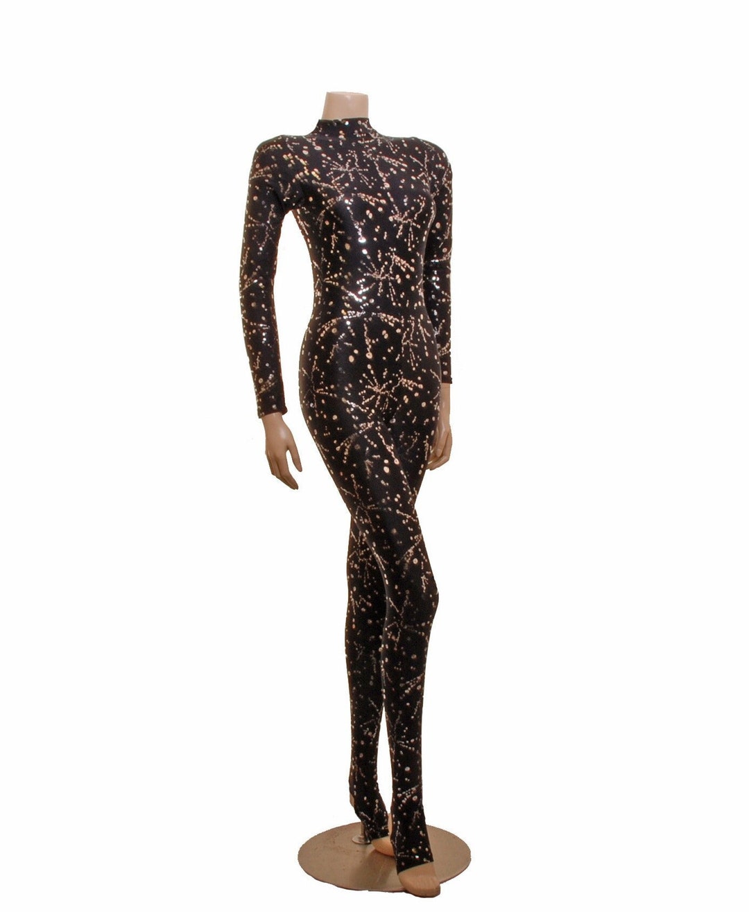 Catsuit Jumpsuit Unitard Bodysuit Long Sleeves Black and Metalic Silver ...