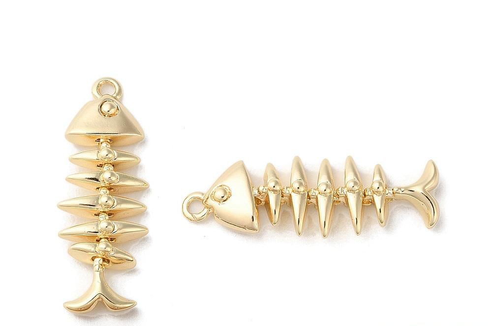 Flexible Hinged-ribbed Gold Fishbone Charm,shiny Real 18k Gold Plated ...