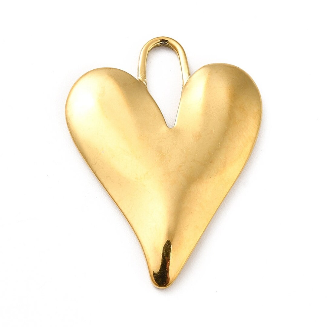 Large Elongated Heart Pendant, Real 18k Gold Plated, Shiny Gold Charms ...