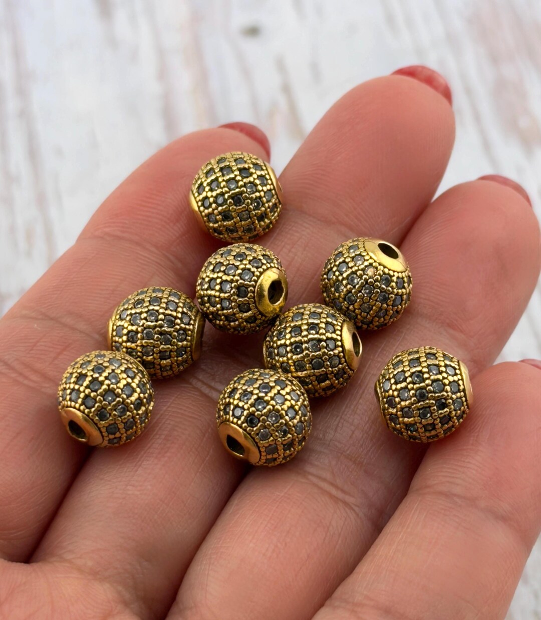 Micro Pave Cubic Zirconia 10mm Bead,antiqued Gold Round CZ Beads ...
