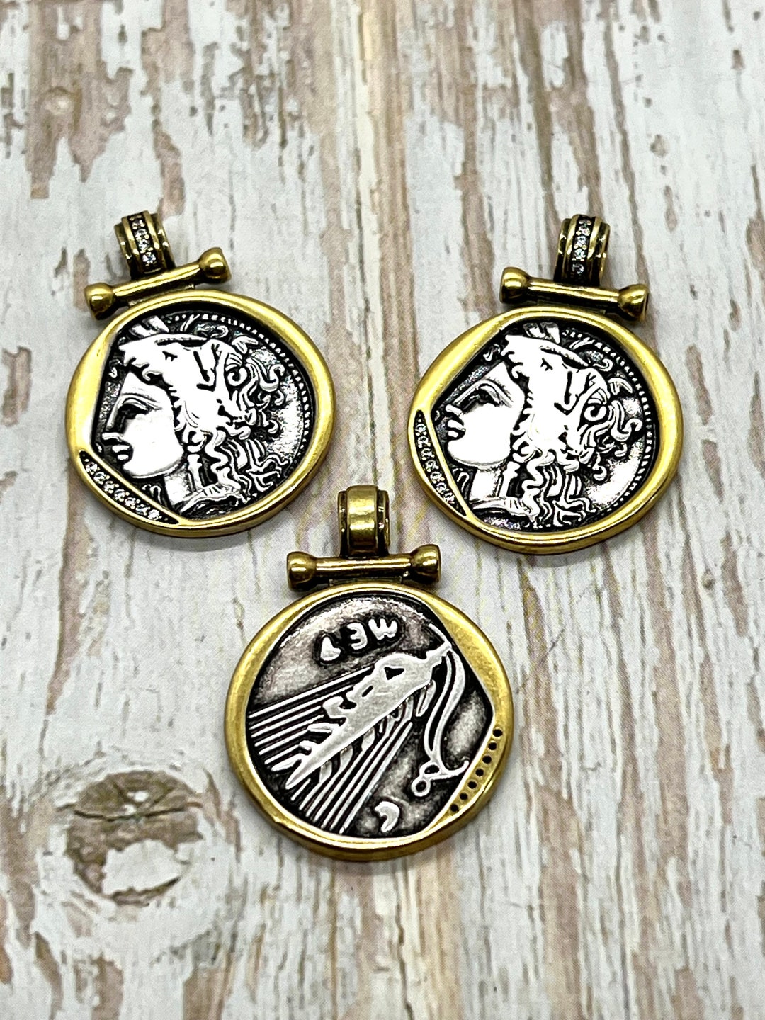 Large Coin Pendant, Cubic Zirconia Antique Gold Large Charm, Gold ...