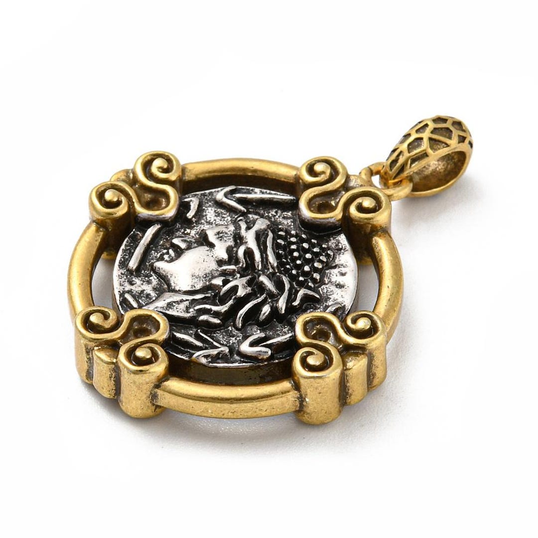 Double Sided Ancient Greek Coin Pendant, Antique Gold Large Charm ...