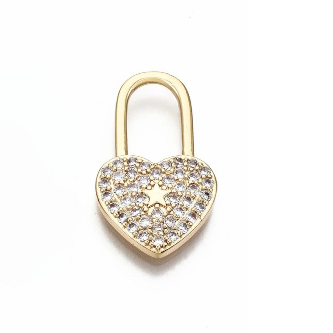 Small Heart Lock Micro Pave Pendant, 18k Gold Plated Clear Cubic ...