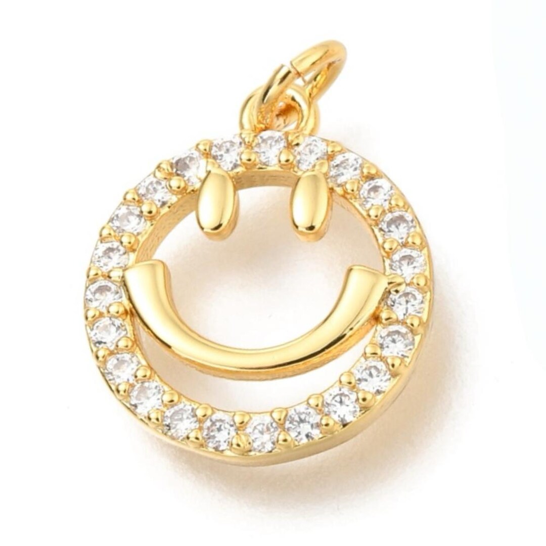 Smiley Face Charm - Micro Pave 18k Gold Plated Pendant, Clear Cubic ...