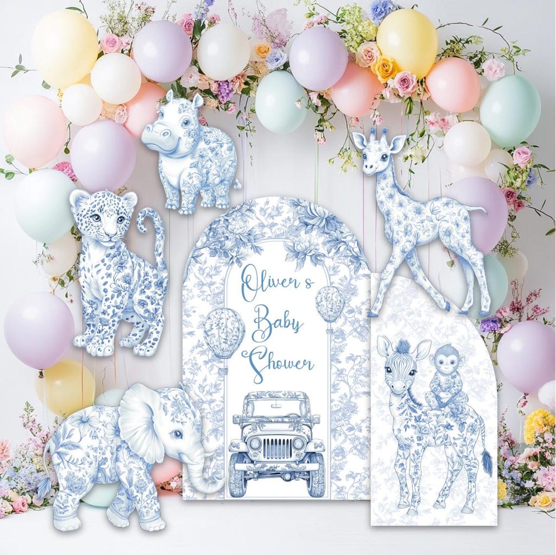 Blue Toile Safari Animals Cutouts, Chinoiserie Birthday Sign, Toile De ...