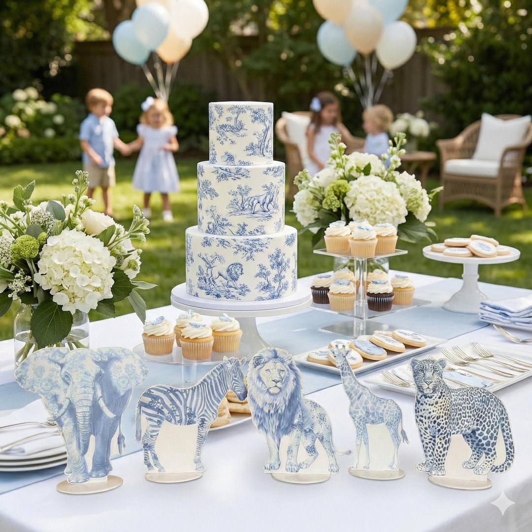Blue Toile Safari Animals Double-sided Table Centerpieces Set 5, Jungle ...