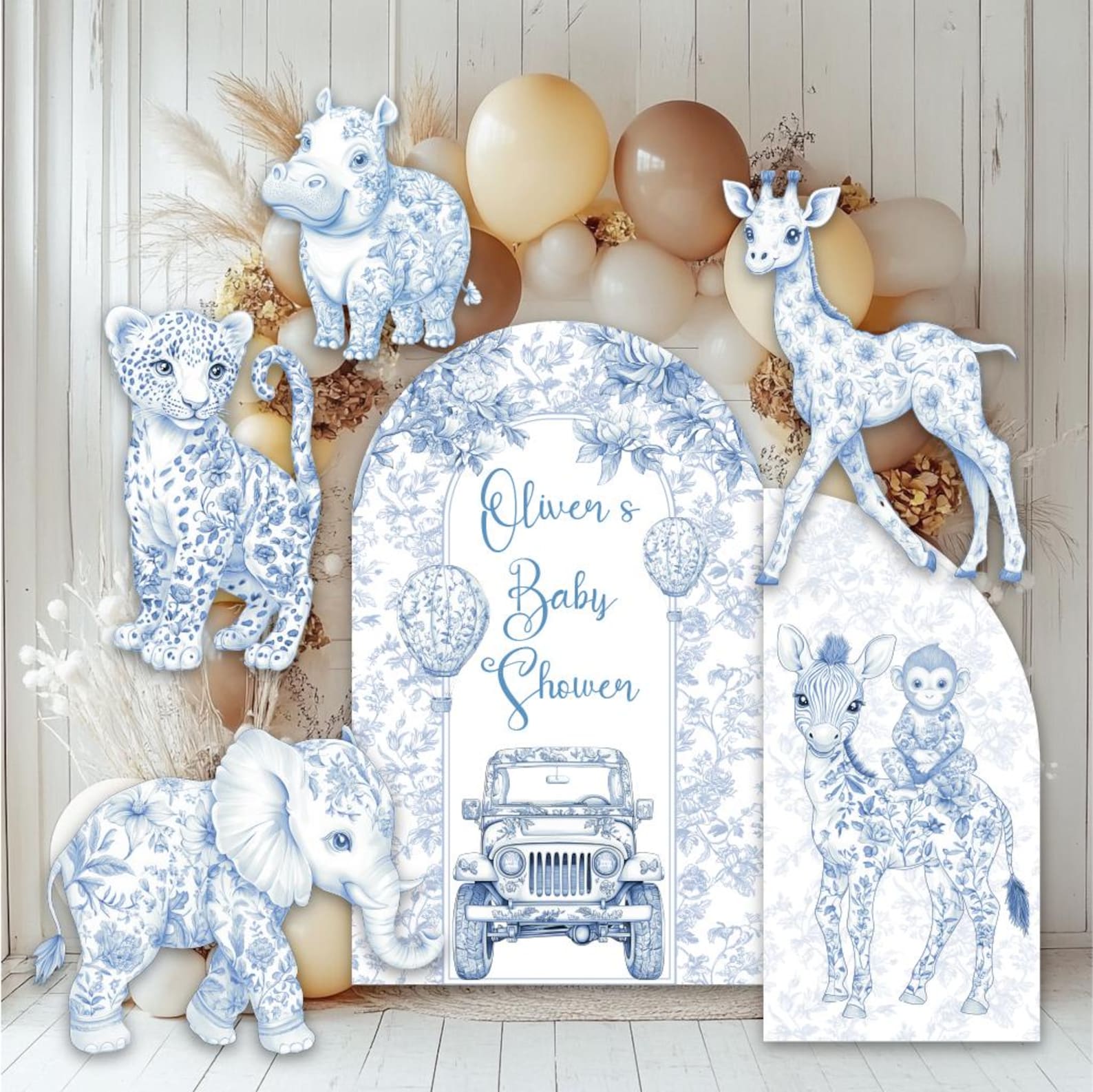 Blue Toile Safari Animals Cutouts, Chinoiserie Birthday Sign, Toile De ...