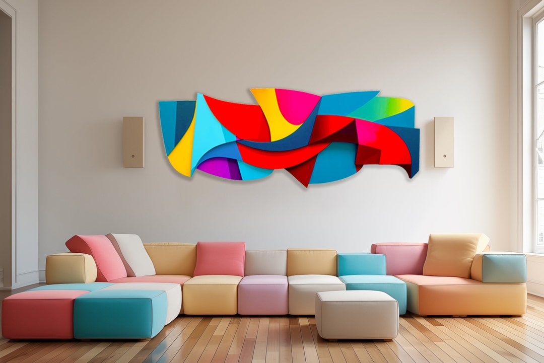 Bright Funky Multicolor Abstract Art, Wall Sculpture Print on ...