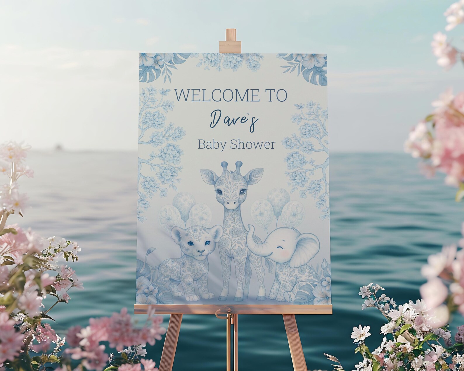 Blue Toile Safari Animals Cutouts, Chinoiserie, Welcome Sign, Toile De ...