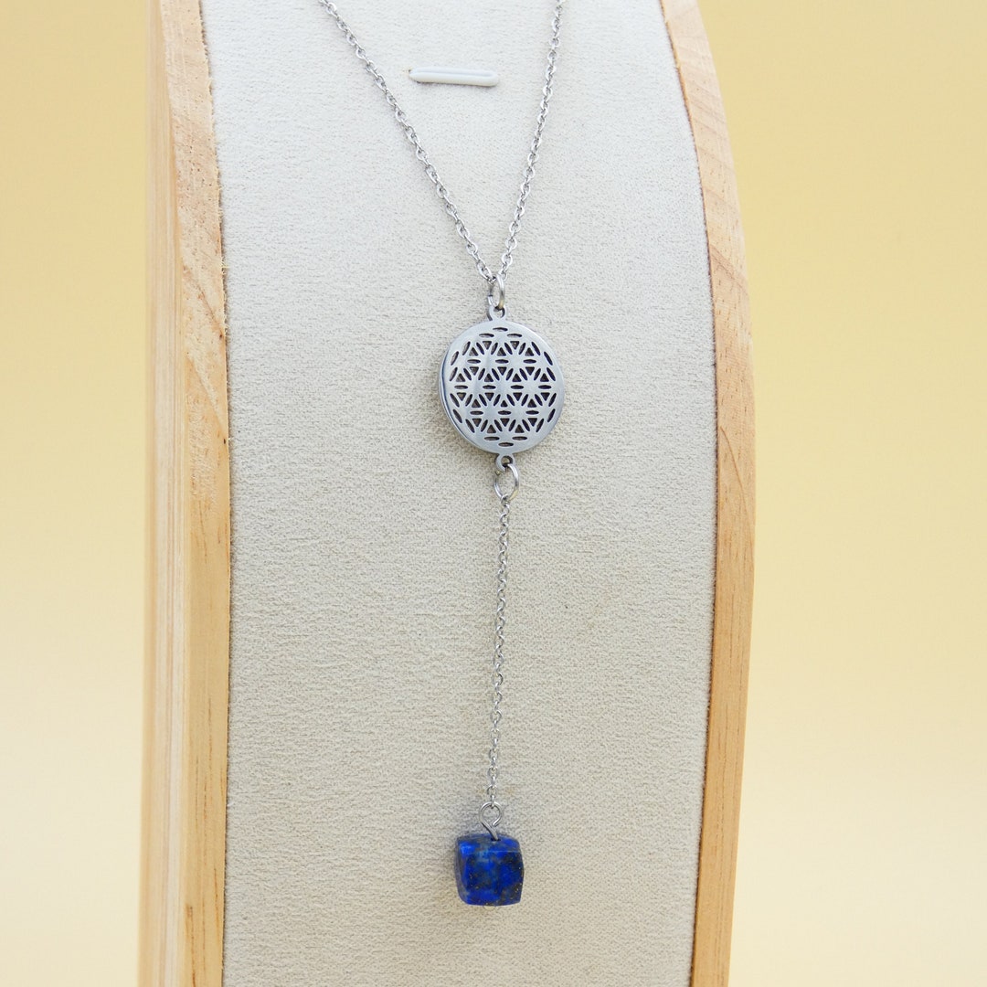 Collier Lasso Fleur De Vie Avec Perle Cube Facettée En Lapis Lazuli ...