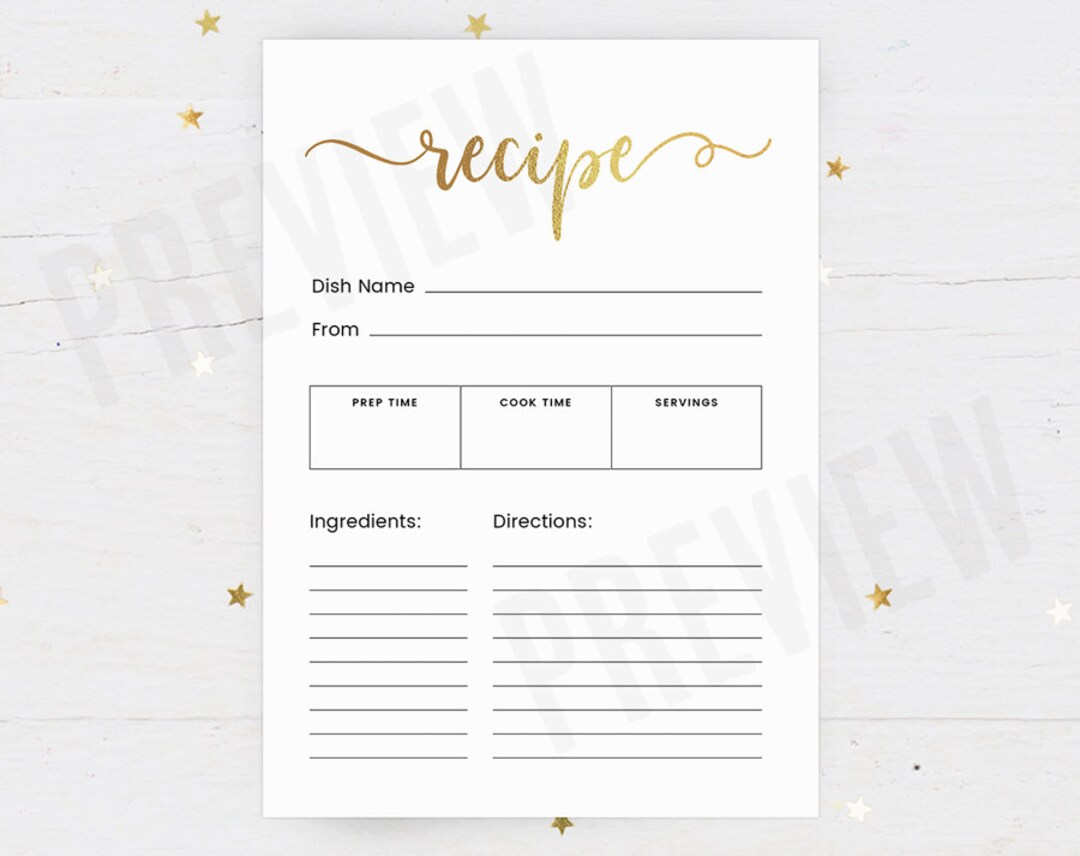 Printable Recipe Card, Bridal Shower Recipe Cards Gold, Recipe Card ...
