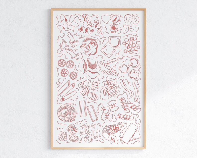 Colorful Pasta Types Line Illustrations Wall Print, Types of Pasta ...