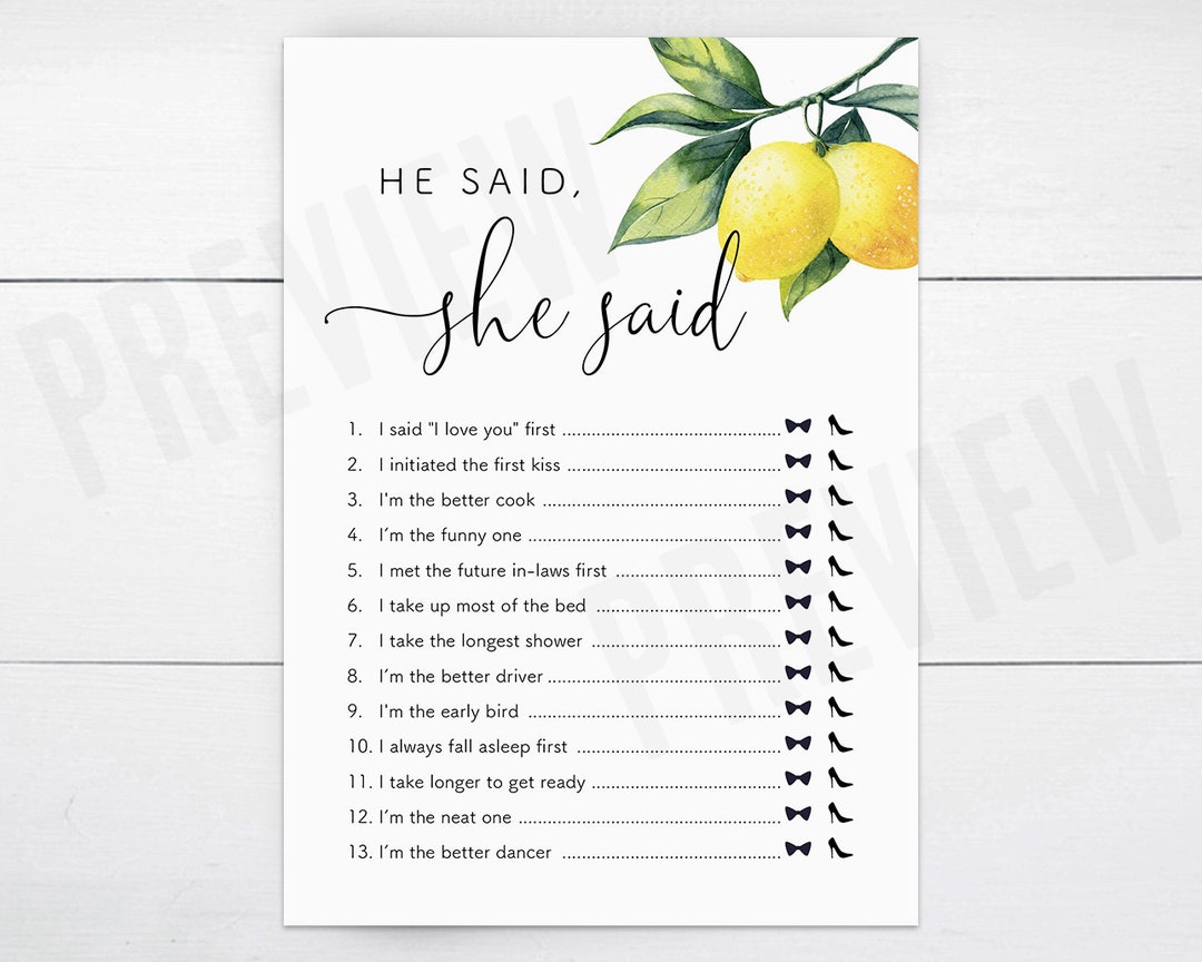Printable Lemon He Said She Said Bridal Shower Game Card, Lemon Bridal ...