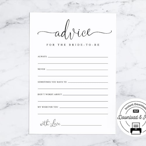 Printable 'advice for the Bride-to-be' Cards Bridal - Etsy