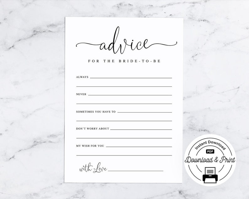 Printable 'advice for the Bride-to-be' Cards, Bridal Shower Games ...