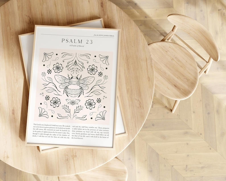 Psalm 23 Bible Verse Print W/ Bumble Bee & Abstract Floral Line Art ...