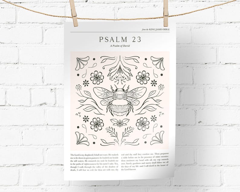 Psalm 23 Bible Verse Print W/ Bumble Bee & Abstract Floral Line Art ...