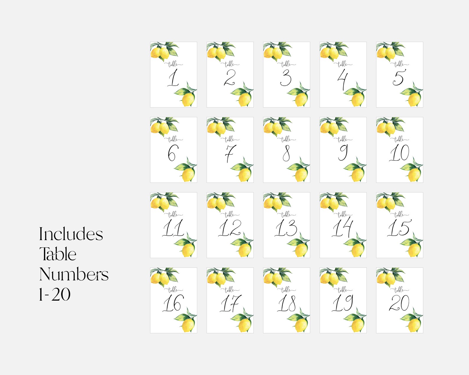 Printable 5"x7" Lemon Table Numbers 1-20, Lemon Table Number Signs, 001 ...