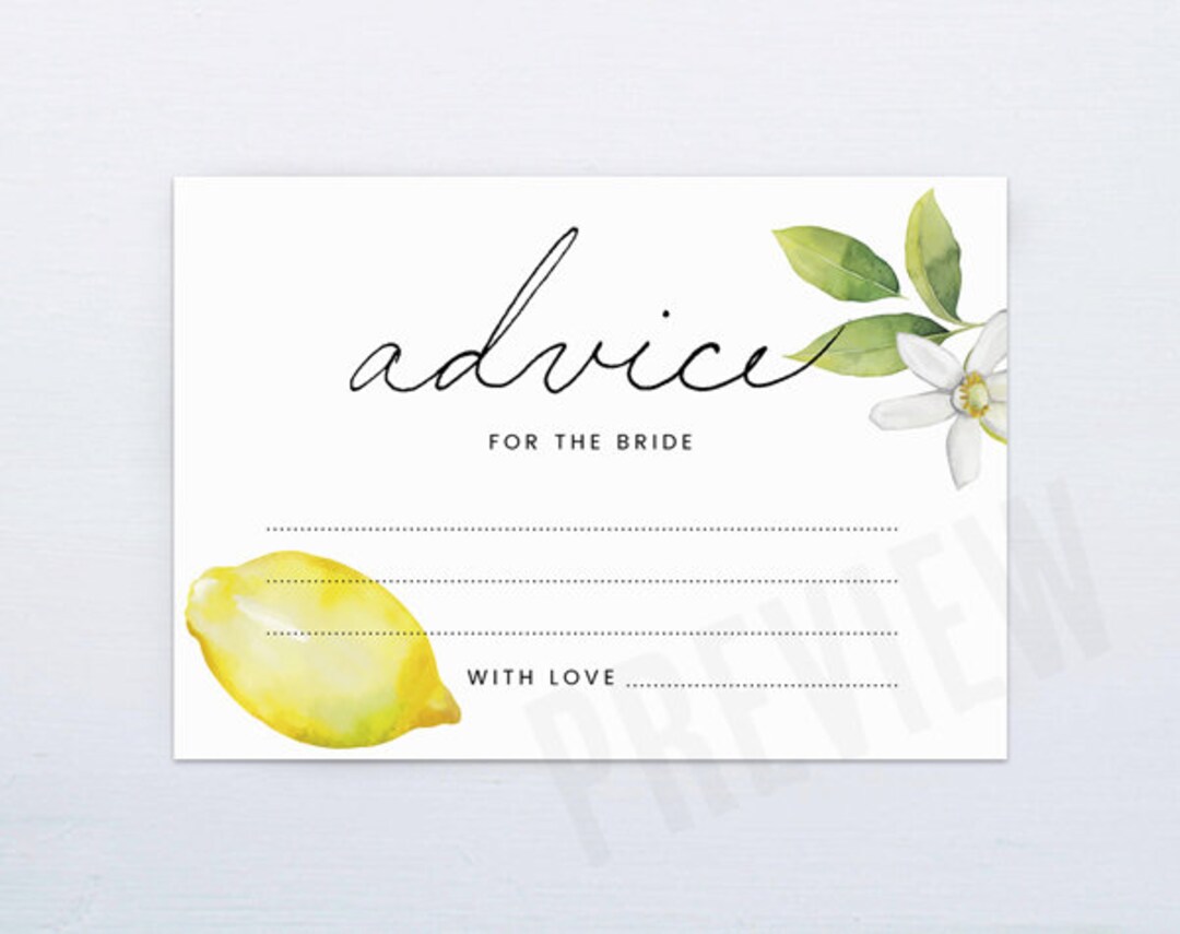 Printable Lemon Advice-for-the-bride Note Cards, Lemon Bridal Shower ...