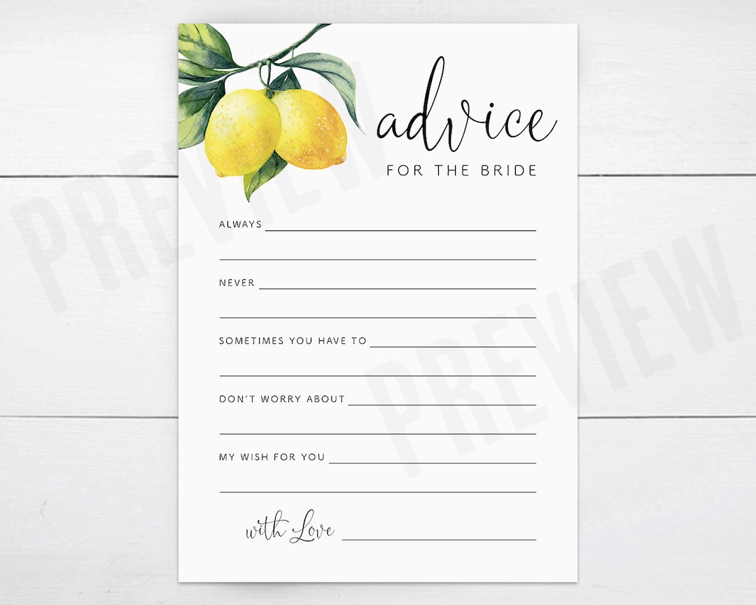 Printable Lemon Advice Cards for the Bride, Lemon Bridal Shower Well ...
