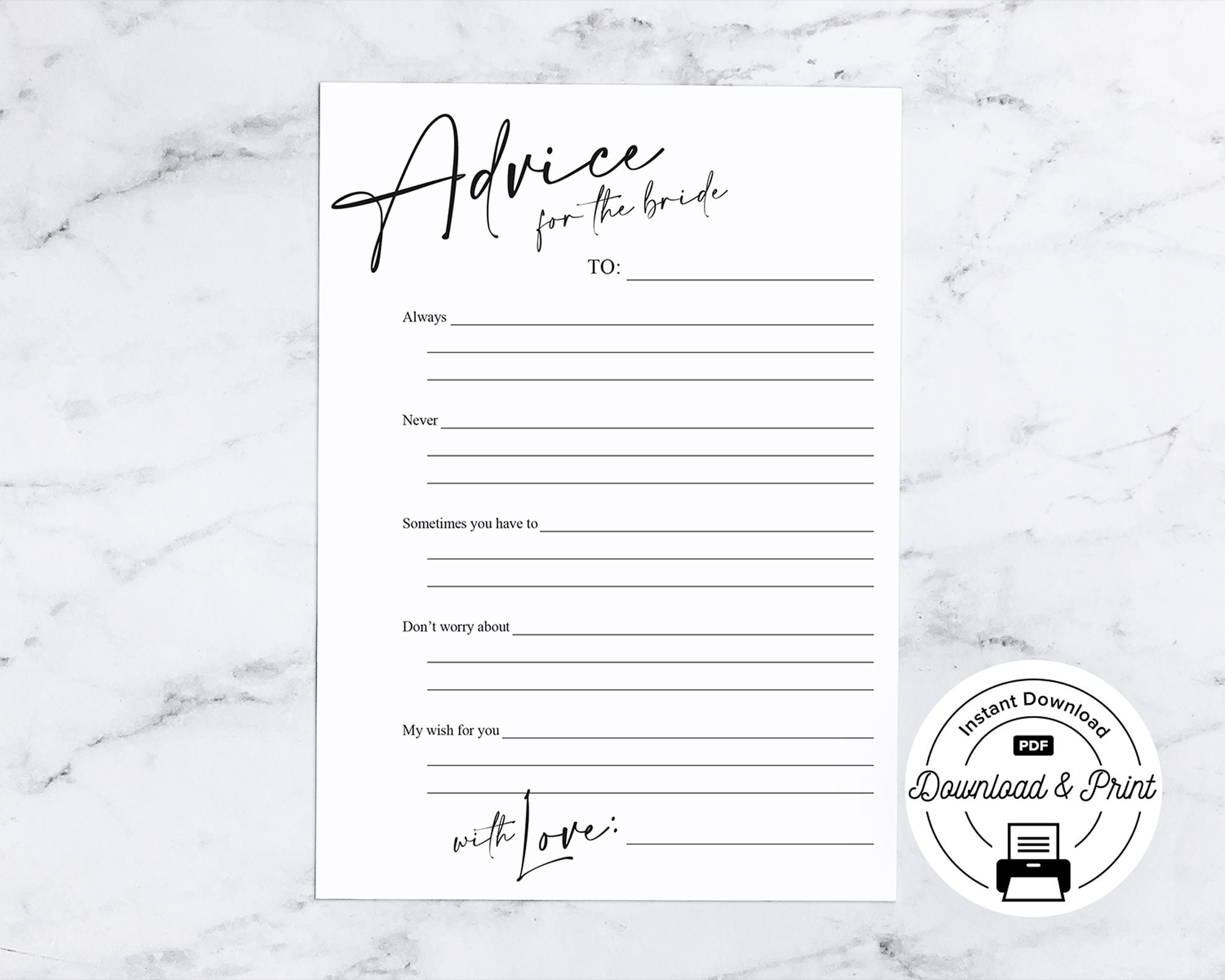 Printable 'advice for the Bride-to-be' Cards, Bridal Shower Games ...