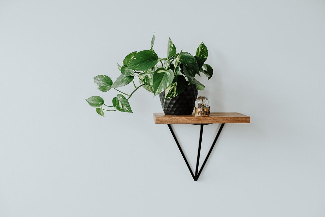 Oak Wood Wall Shelf Comes With Metal Construction, Geometric Shelf ...