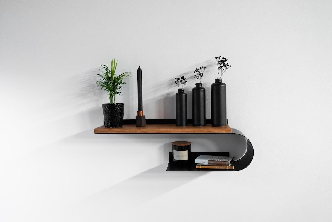 Wall Mount Handmade Wall Shelf From Oak and Metal, Wooden Shelf With ...