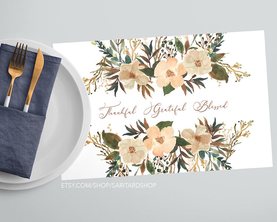 Thankful, Grateful, Blessed Printable Floral Paper Placemat for ...