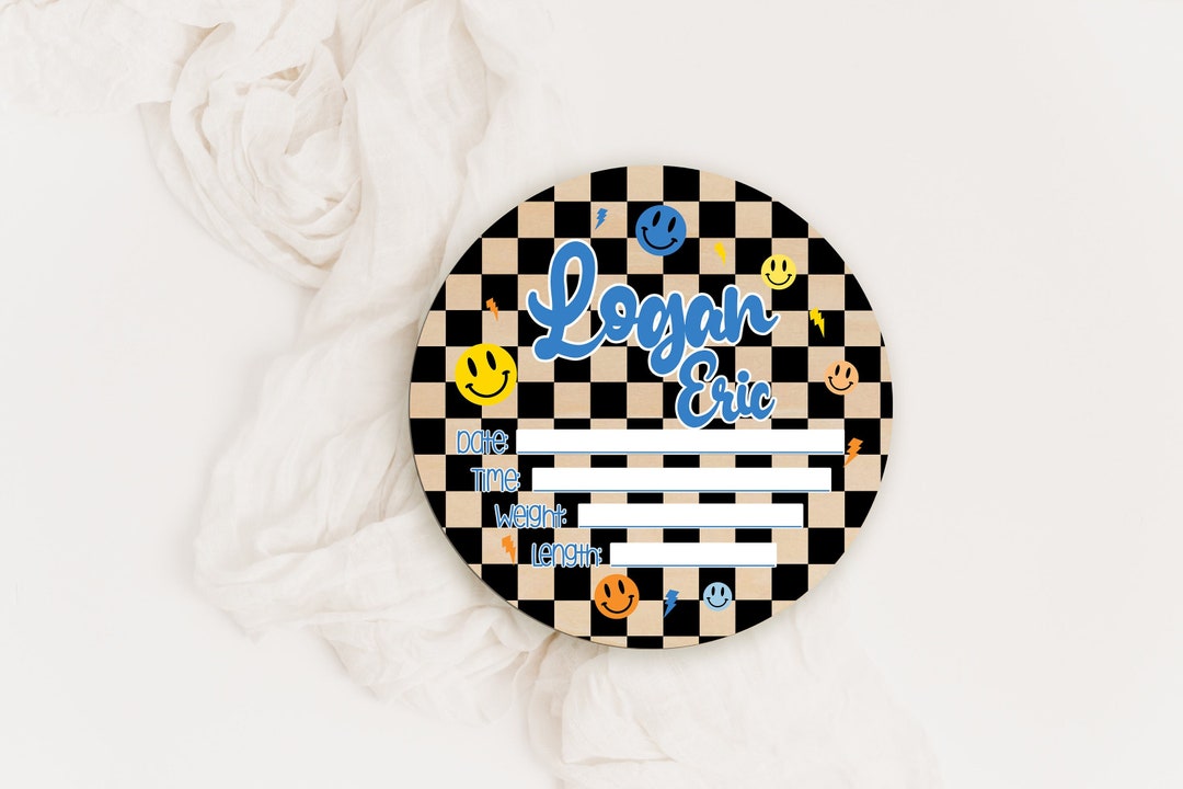 Smiley Face Checkerboard Birth Stat Sign - Happy Face Name Sign ...