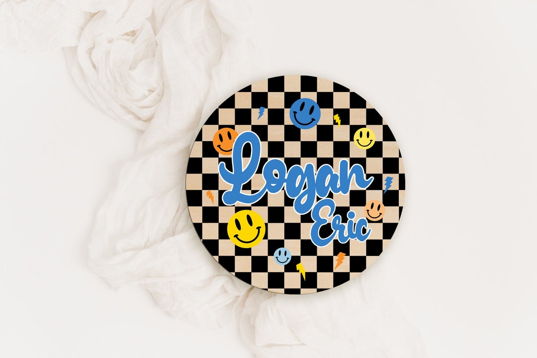 Smiley Face Checkerboard Wood Round - Coming Home Announcement - Happy ...
