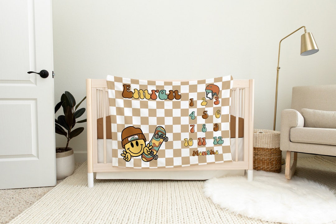 Skater Smiley Face Milestone Blanket - Groovy Nursery - Baby Shower ...