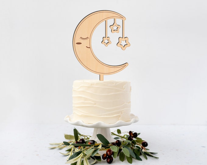 Sleepy Moon Cake Topper Moon Cake Topper Natural Wood Cake Topper First ...