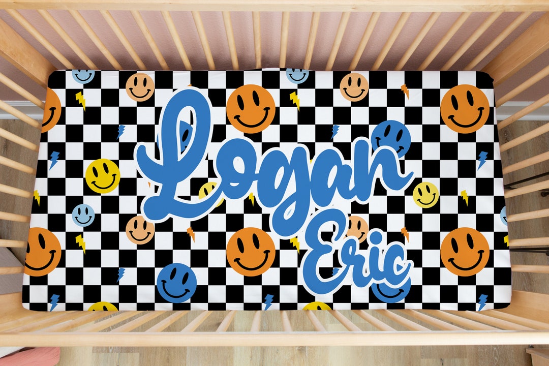 Smiley Face Checkerboard Custom Name Crib Sheet - Happy Face Nursery ...