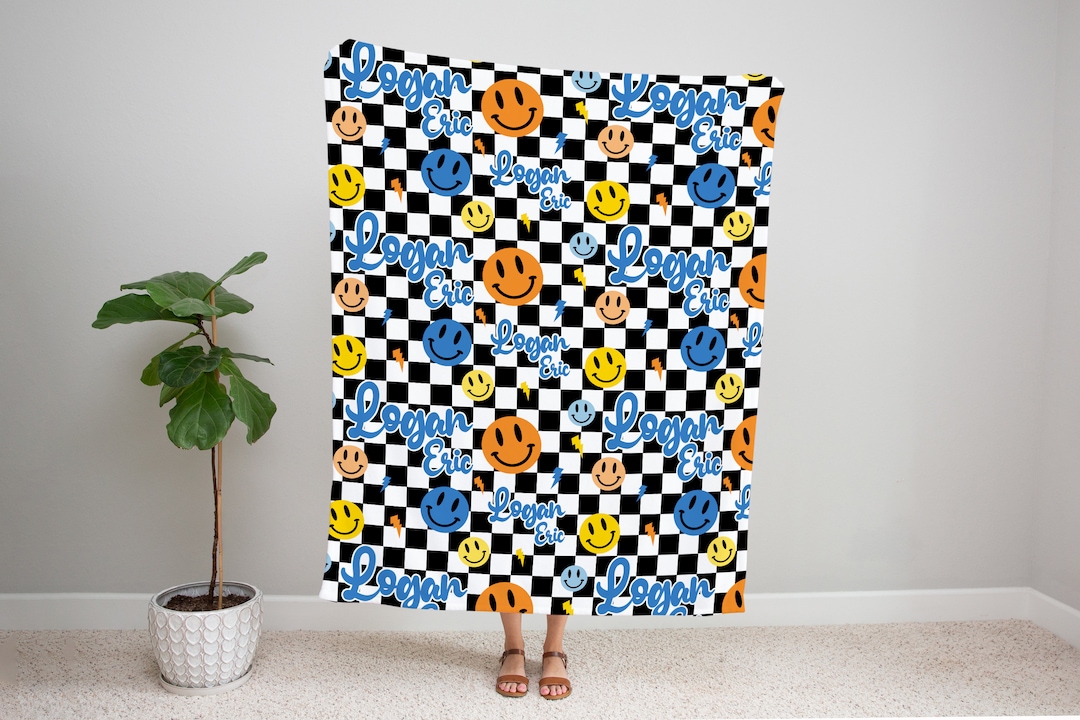 Smiley Face Checkerboard Blanket - Groovy Nursery - Baby Shower Gift ...