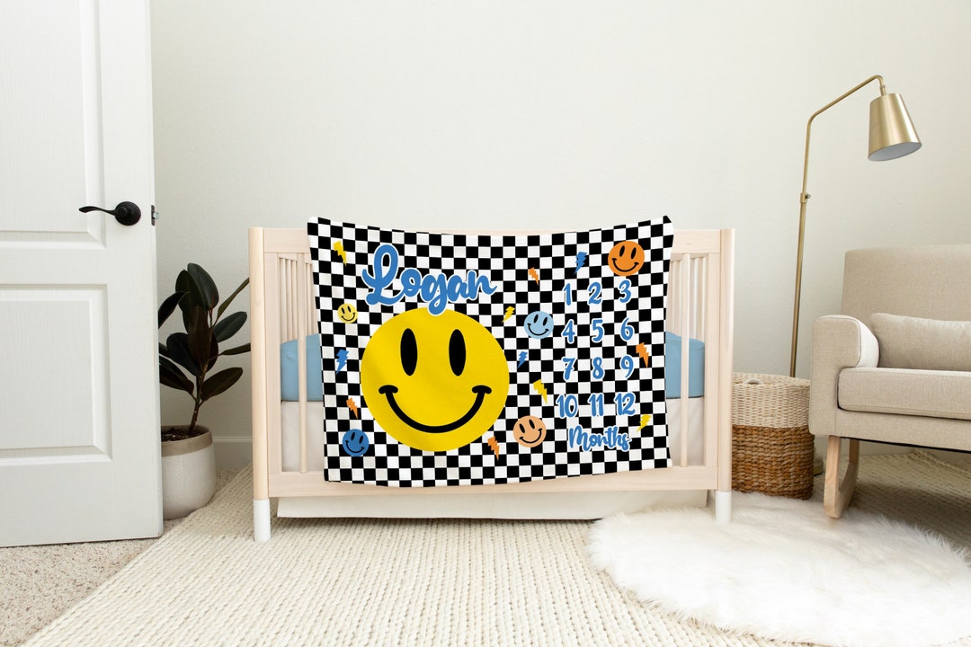 Smiley Face Checkerboard Milestone Blanket - Groovy Nursery - Baby ...