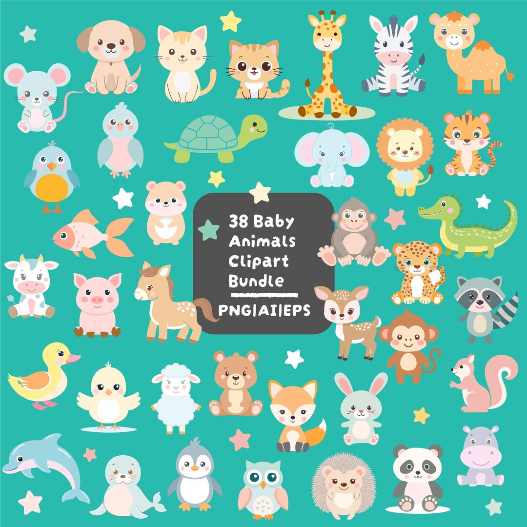 Baby Animals Vector Clipart Bundle | Stickers | Pets | Safari | Farm ...