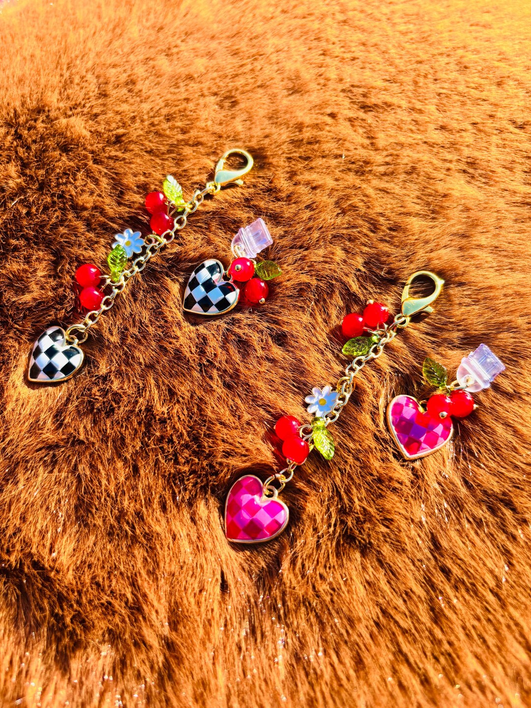 Retro Cherry Daisy Charm Checkered Heart, Case Charm Chain Accessory ...