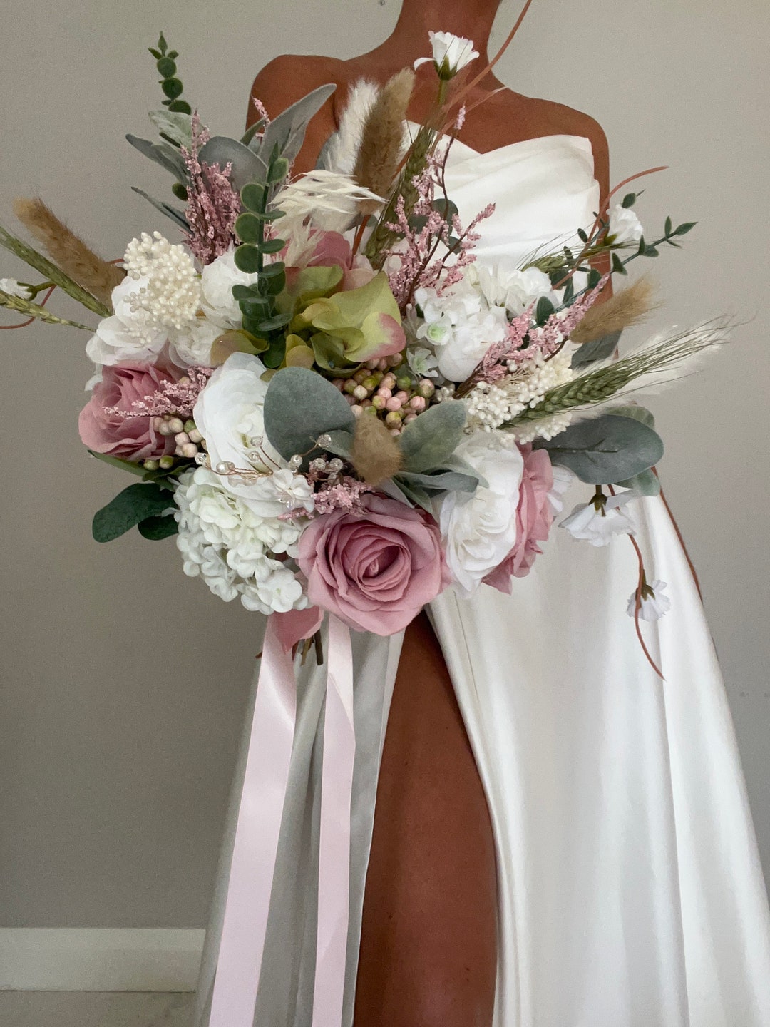Jessica' Artificial Bridal Bouquet Pink Eucalyptus Pampas Spray Dried ...