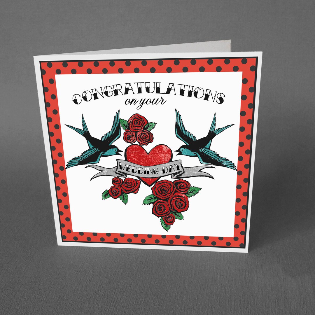 Rockabilly Tattoo Wedding Card Congratulations Goth Punk Polka Dot ...