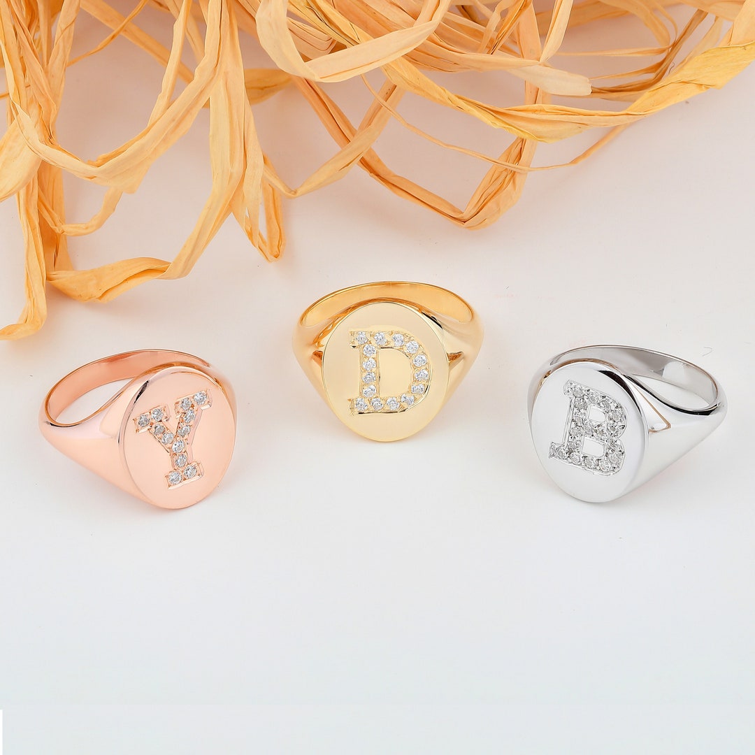 Pave Diamond Initial Letter Signet Ring, Personalized Signet Ring ...