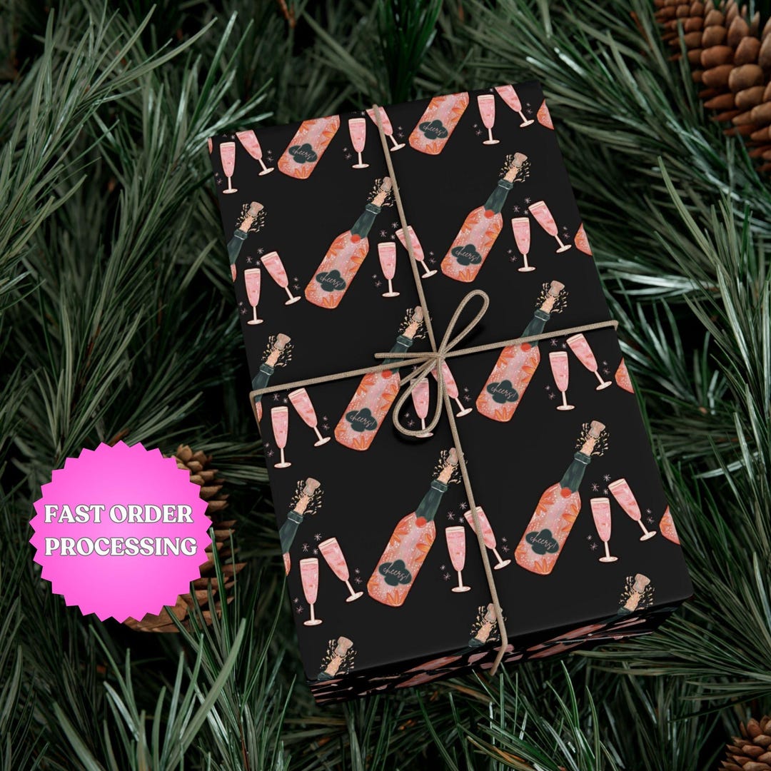 Wrapping Paper, Champagne Bottle and Glasses Pattern, Festive Gift Wrap ...