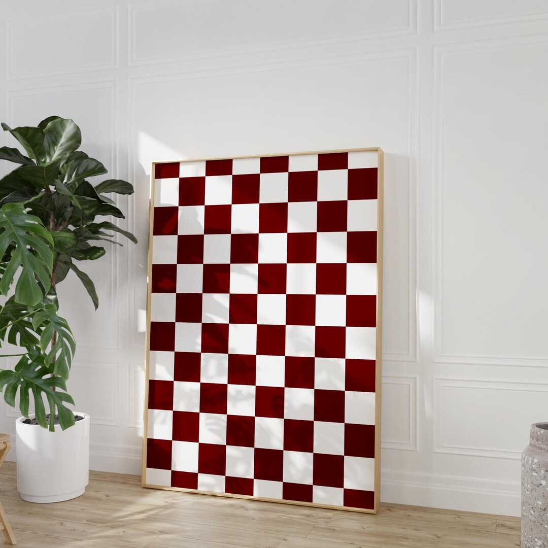 Cherry Red Checkerboard Printable Wall Art Dark Red White Checkered ...