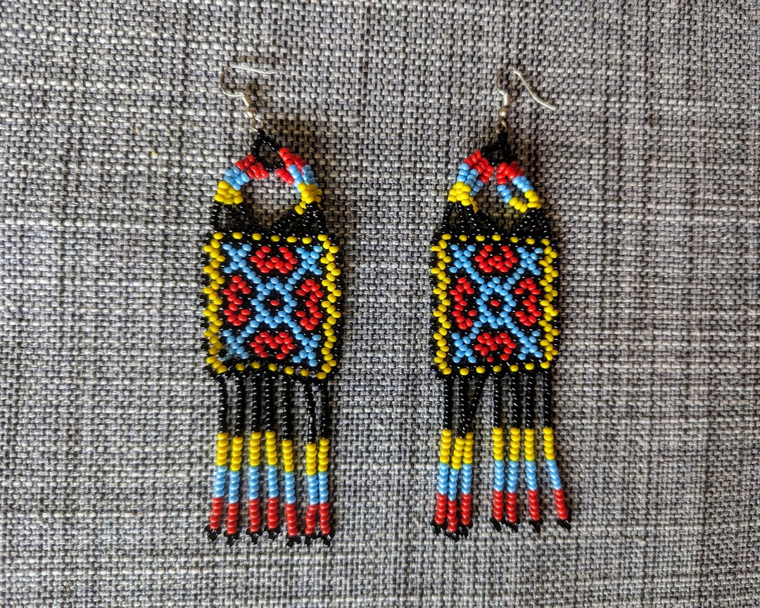 Aunthentic SHIPIBO Long Kene Pattern Beaded EARRINGS Blue Red Yellow - Etsy