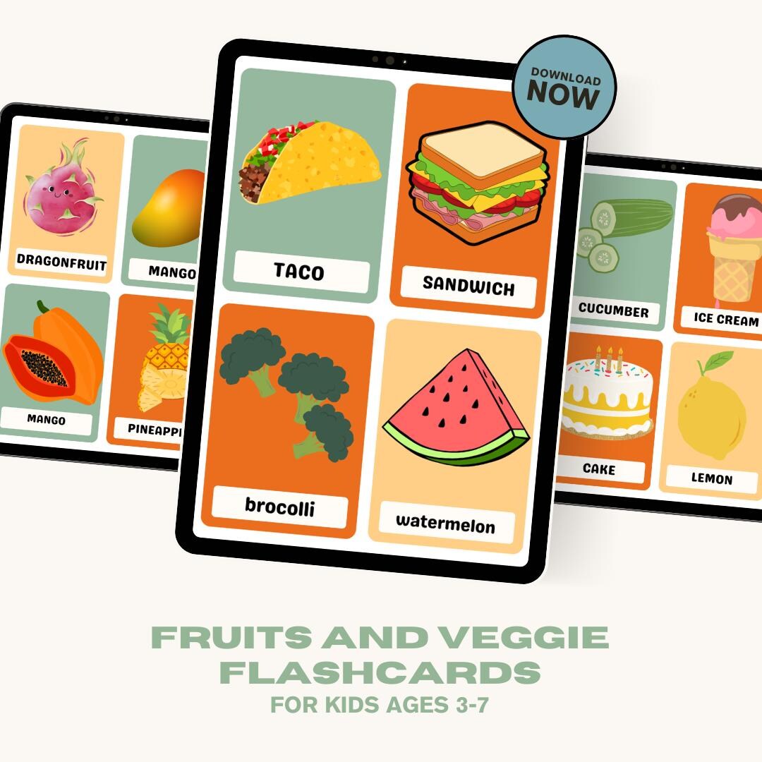 Fruits and Veggies Flash Cards for Kids Ages 3-7 Digital Set of 24 ...