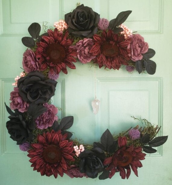 Crescent Moon Wreath With Crystal Floral Moon Wreath | Etsy