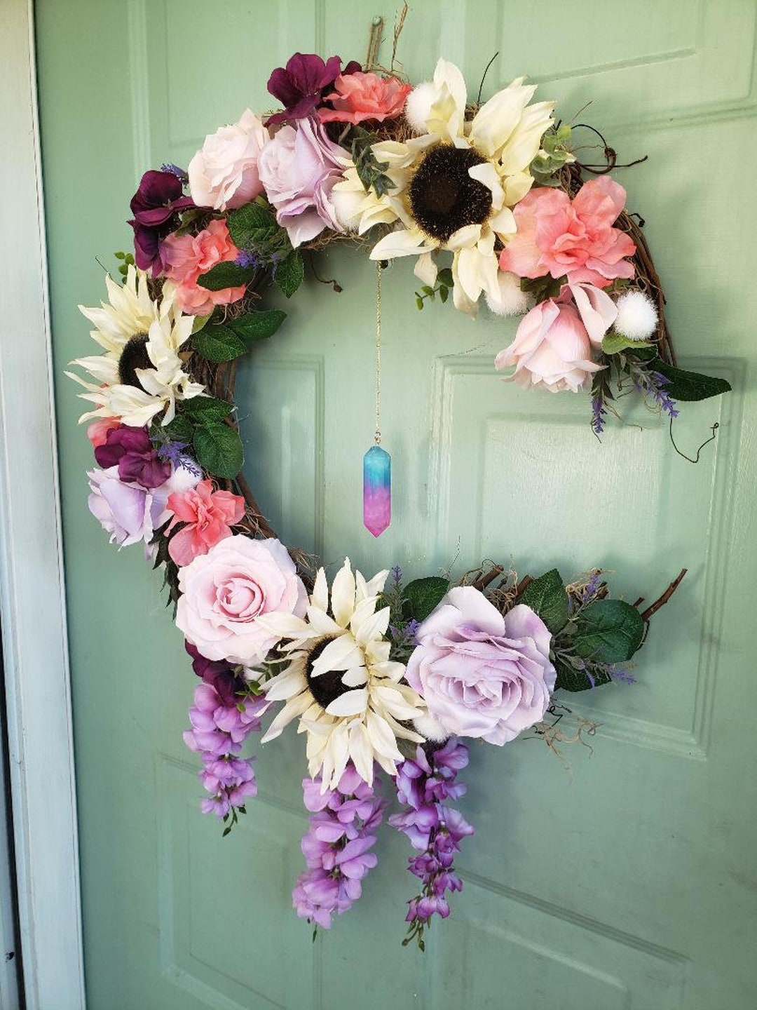 Crescent Moon Wreath With Crystal, Floral Moon Wreath - Etsy