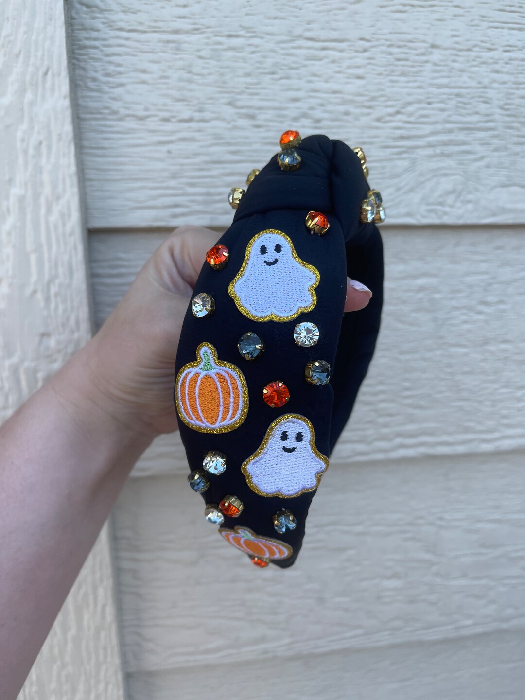 Halloween Spooky Season Ghost Pumpkin Gem Crystal Top Knot Headband - Etsy