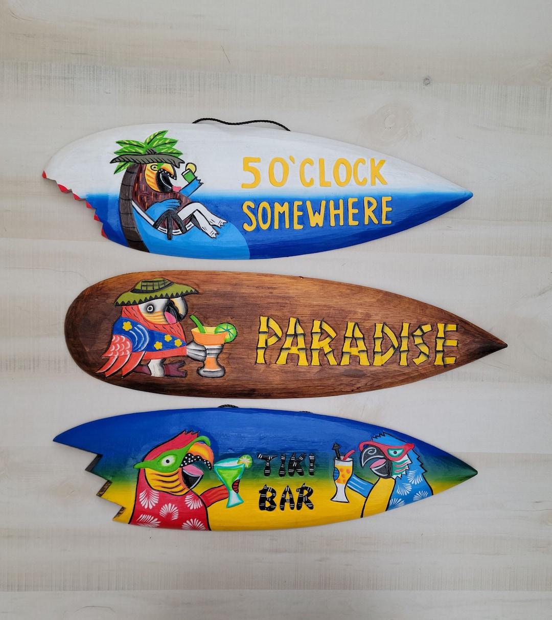 Tiki Surfboard Set of 3 Wood Sign - Tiki Bar - Paradise - 5 O'clock ...