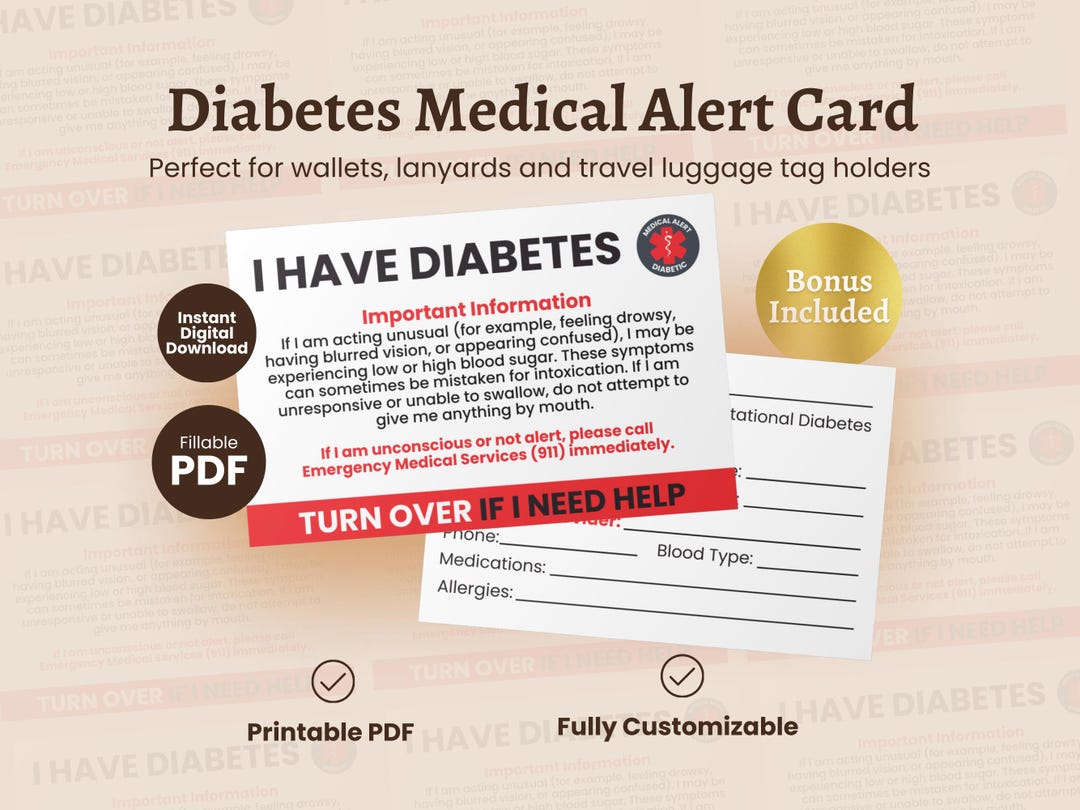 Custom Fillable Diabetes Medical Alert ID Wallet Card, PDF Medic ICE ...
